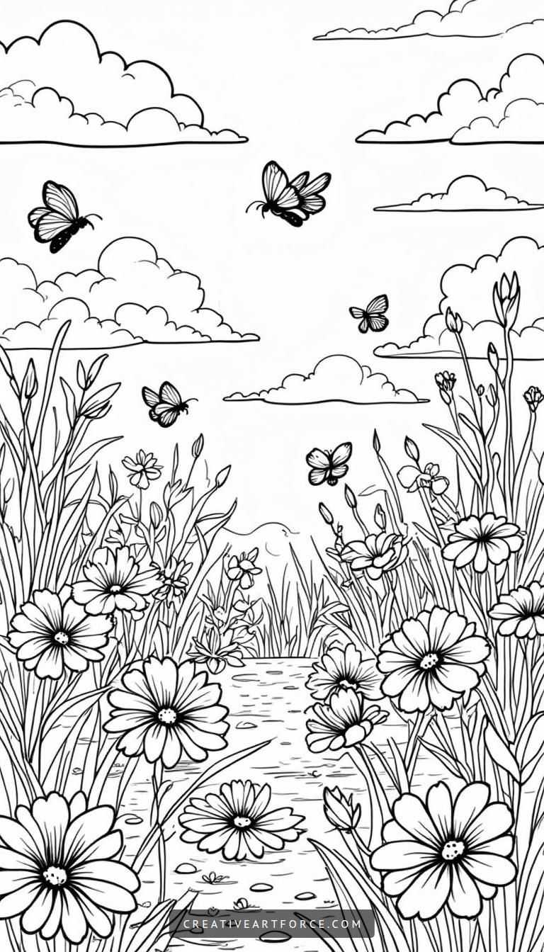Free Printable Coloring Pages of a Spring Meadow in Bloom