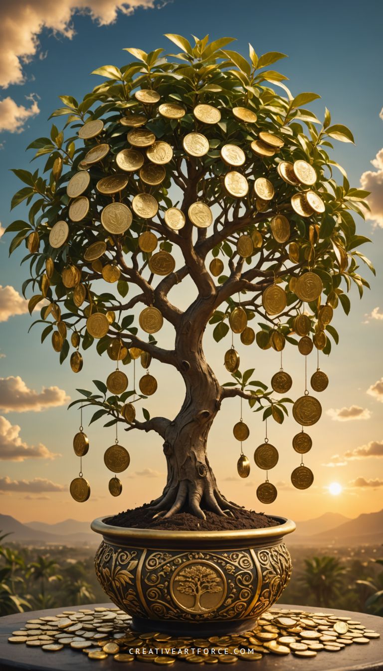 Golden Money Tree with Coins and Ingots: A Billionaire Lifestyle ...